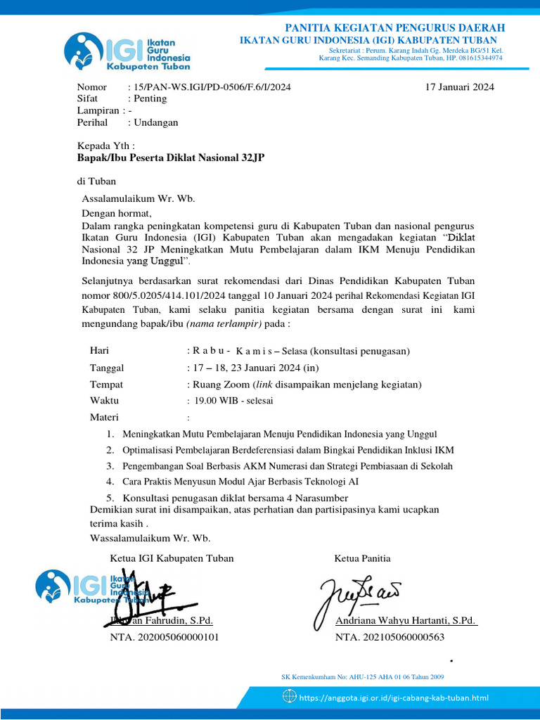 SURAT DIKLAT NASIONAL 32 JP_IGI TUBAN Materi 2.. | PDF