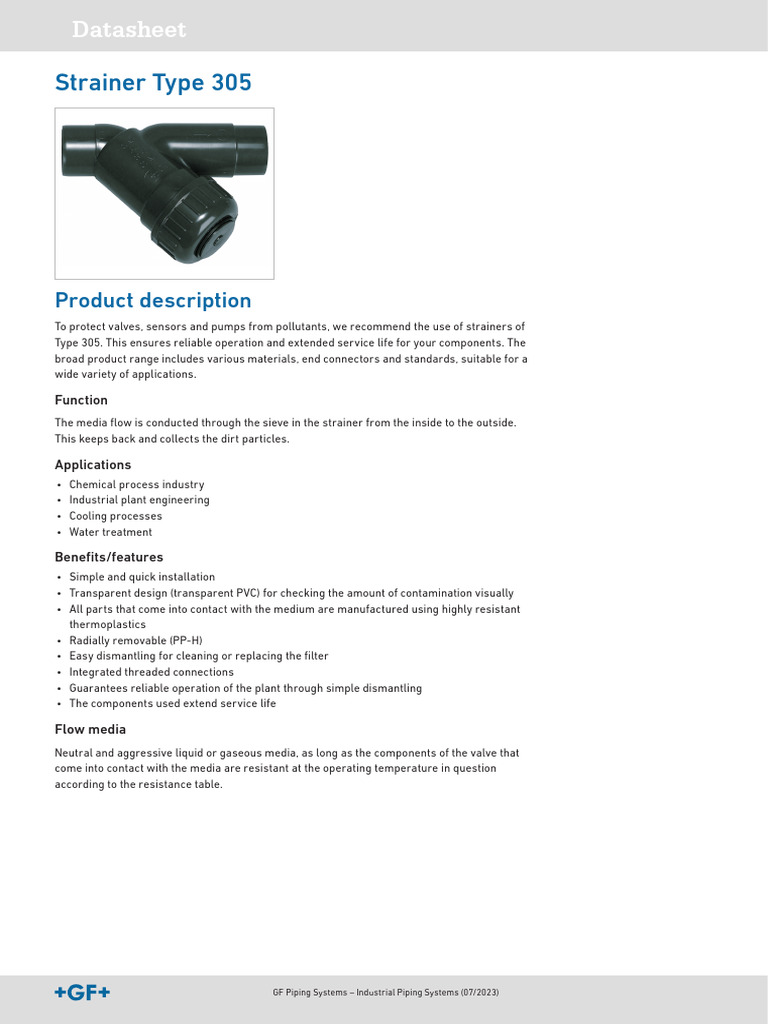 Gfps Datasheet 305 Strainer en | PDF | Polyvinyl Chloride | Valve