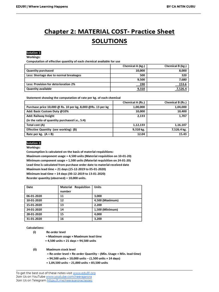 04 Edu91 Costing Practice Sheets Solutions (Not To Print) | PDF | Inventory | Business Economics