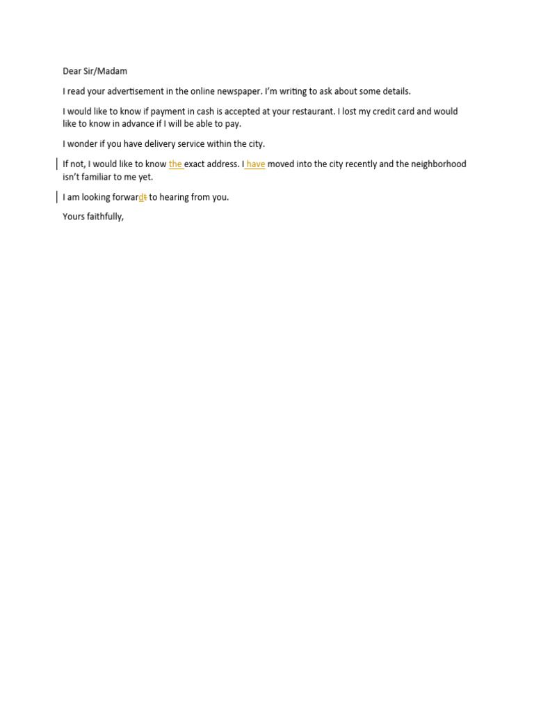 Inquiry About Restaurant Payment and Delivery | PDF