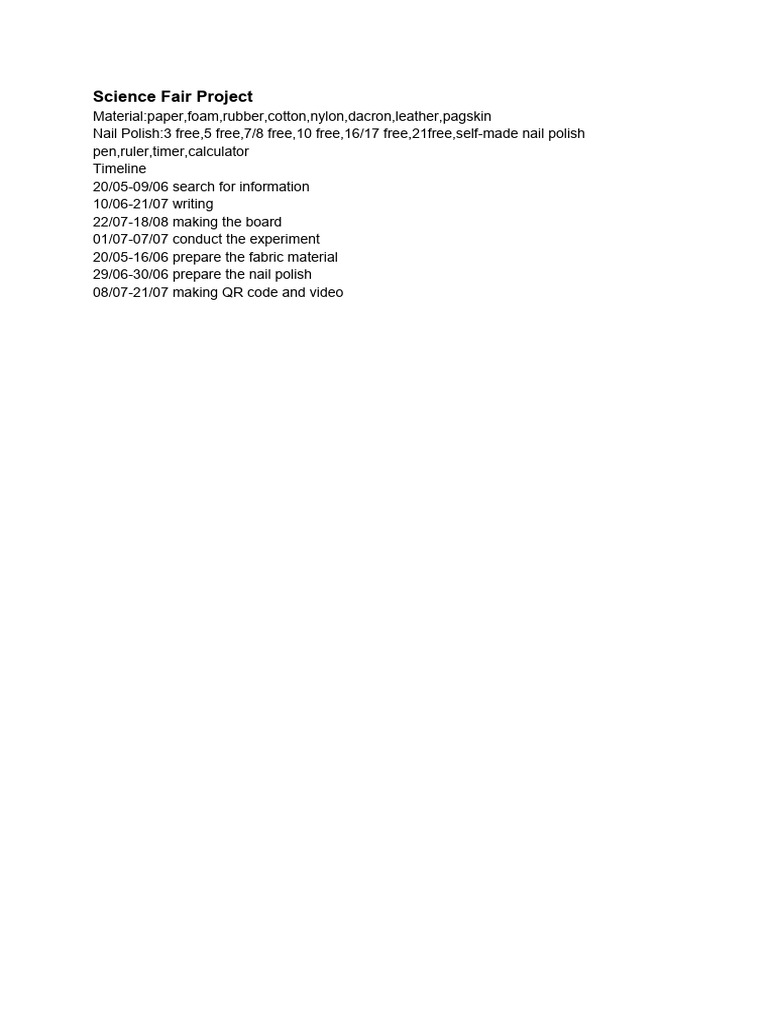 Science Fair Project Timeline and Materials | PDF | Games & Activities ...