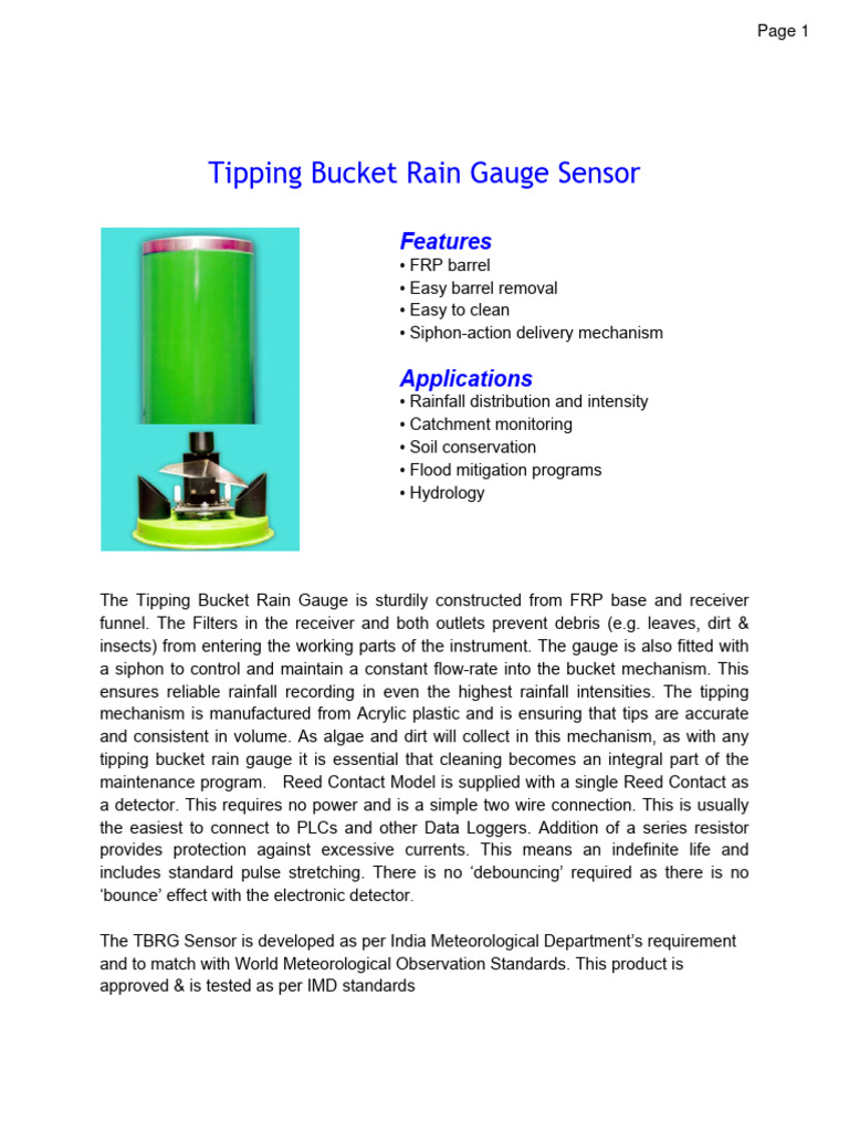 Tipping Bucket Rain Gauge Sensor Specs | PDF | Rain | Sensor