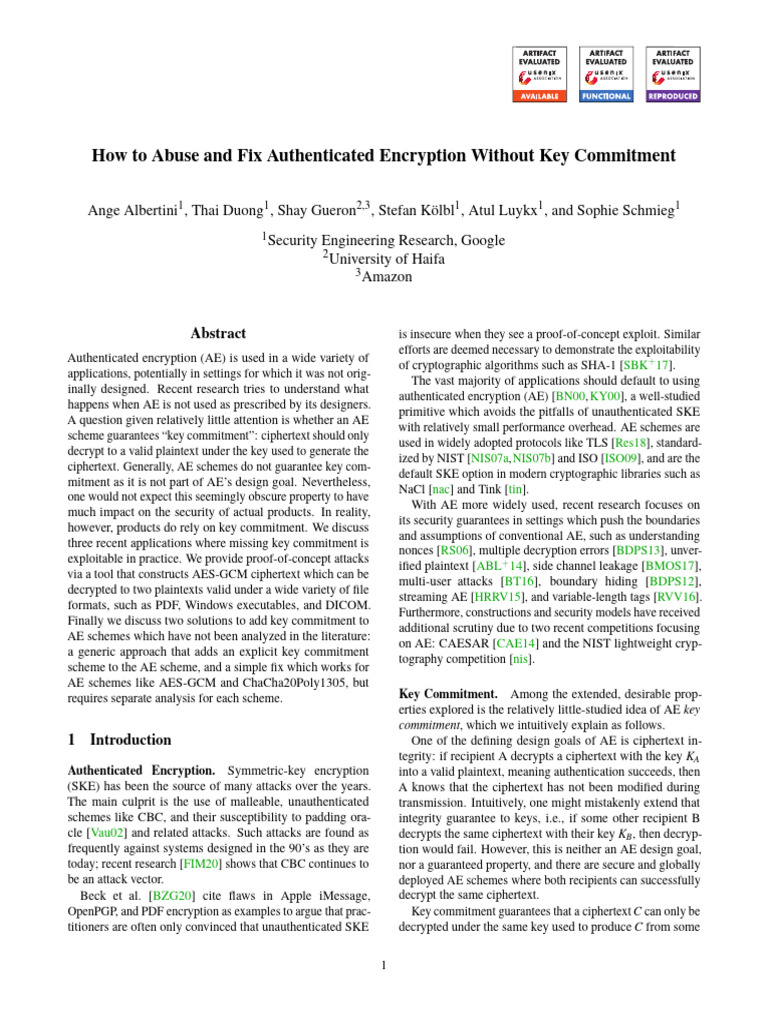 How To Abuse and Fix Authenticated Encryption Without Key Commitment | PDF | Encryption | Key ...