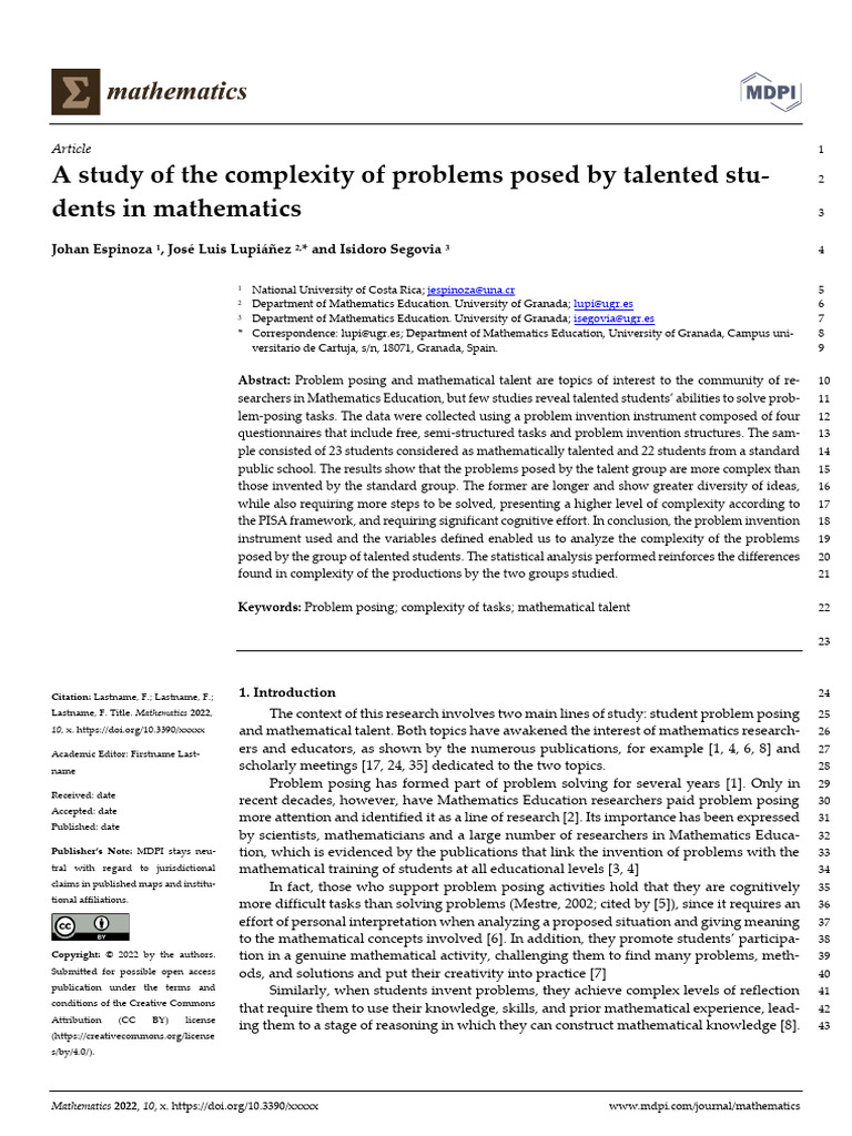 A Study of The Complexity of Problems Posed by Talented Students in Mathematics | PDF ...
