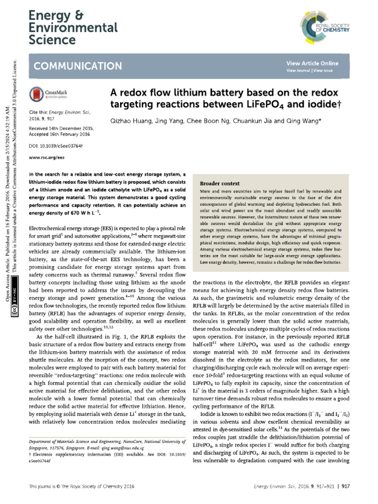 A Redox Flow Lithium Battery Based On The Redox Targeting Reactions ...