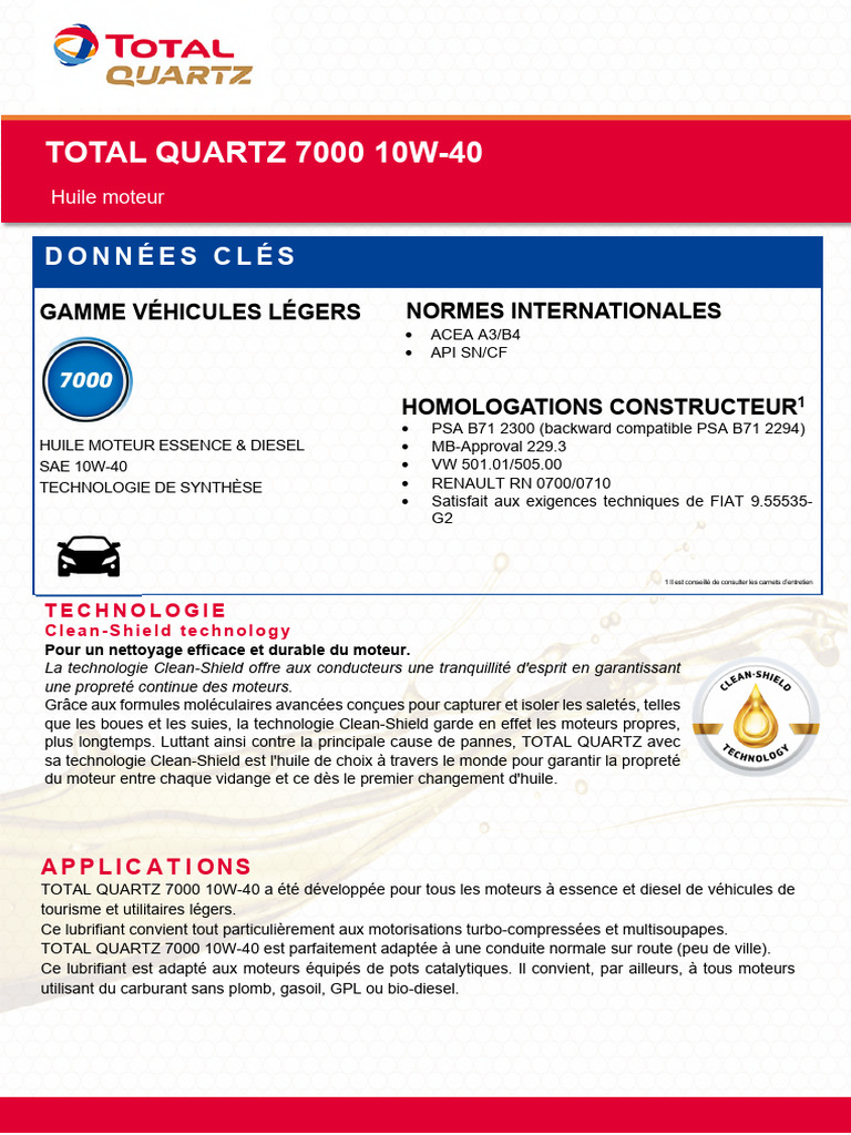 Huile moteur TOTAL QUARTZ 7000 10W-40 | PDF | Huile de moteur | Moteur ...