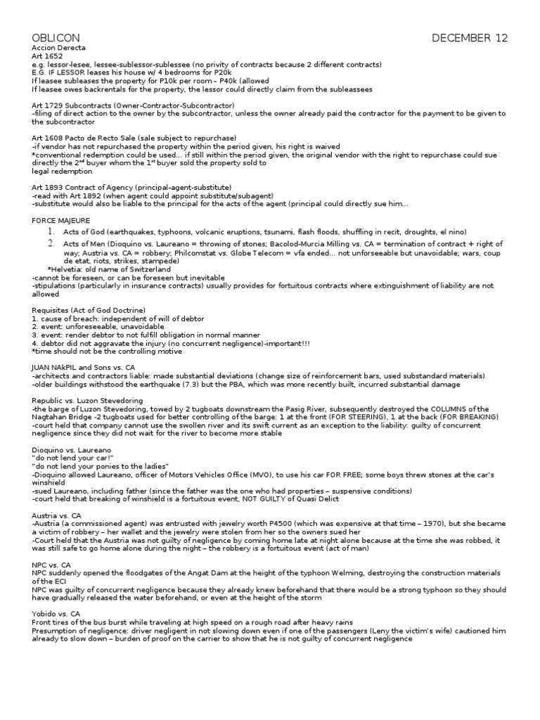 NOTES - Dec 12 - Accion Derecha and Fortuitous Event | PDF | Lease ...