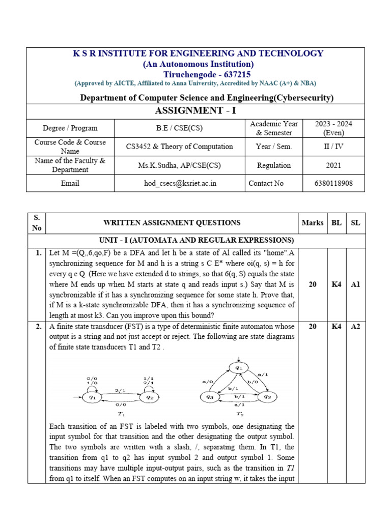 Assignment TOC 2023-24 EVEN | PDF | Automata Theory | Theory Of Computation