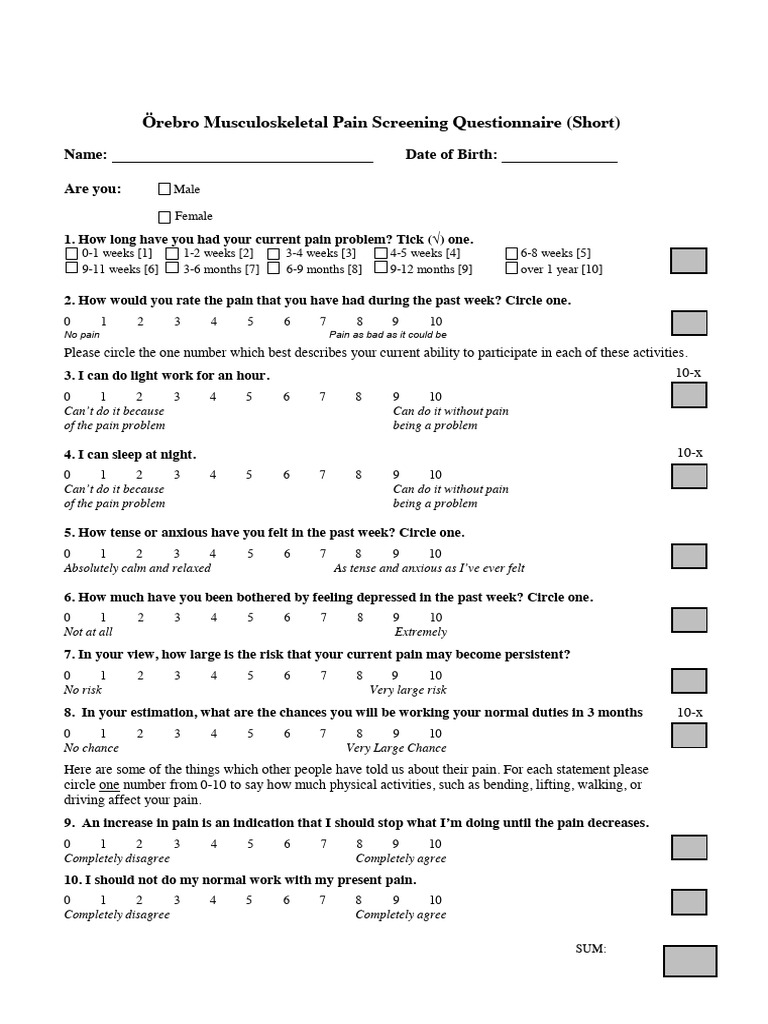 Orebro Musculoskeletal Pain Questionnaire-short-Form | PDF | Diseases ...