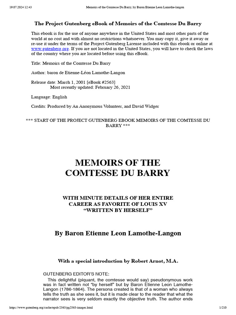 Memoirs of The Comtesse Du Barry, by Baron Etienne Leon Lamothe-Langon ...