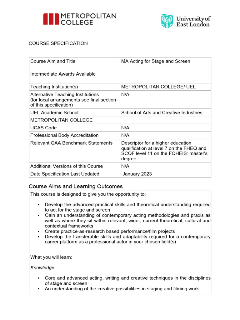 Course Specification Ma and Mfa Acting For Stage Screen 1 | PDF | Methodology