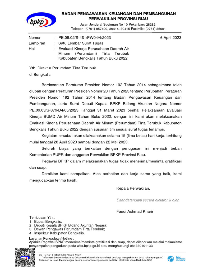 BPKP-Surat Tugas Evkin Perumdam Tirta Terubuk TB 2022 | PDF | Pengelolaan Keuangan & Uang