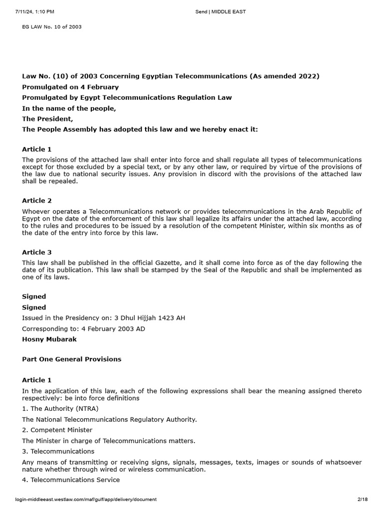Egyptian Telecommunications Law 2022 | PDF | Radio Spectrum | Radio