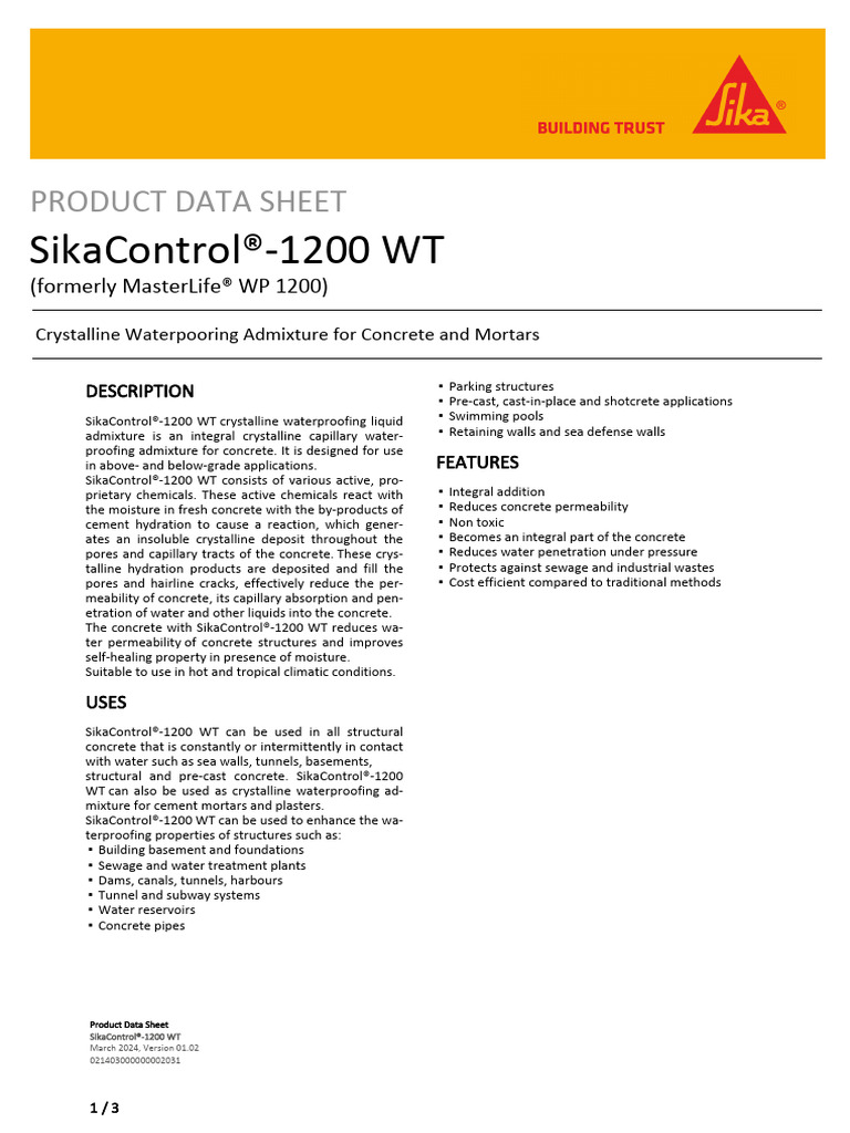Pds-Sikacontrol-1200wt - LC | PDF | Concrete | Cement
