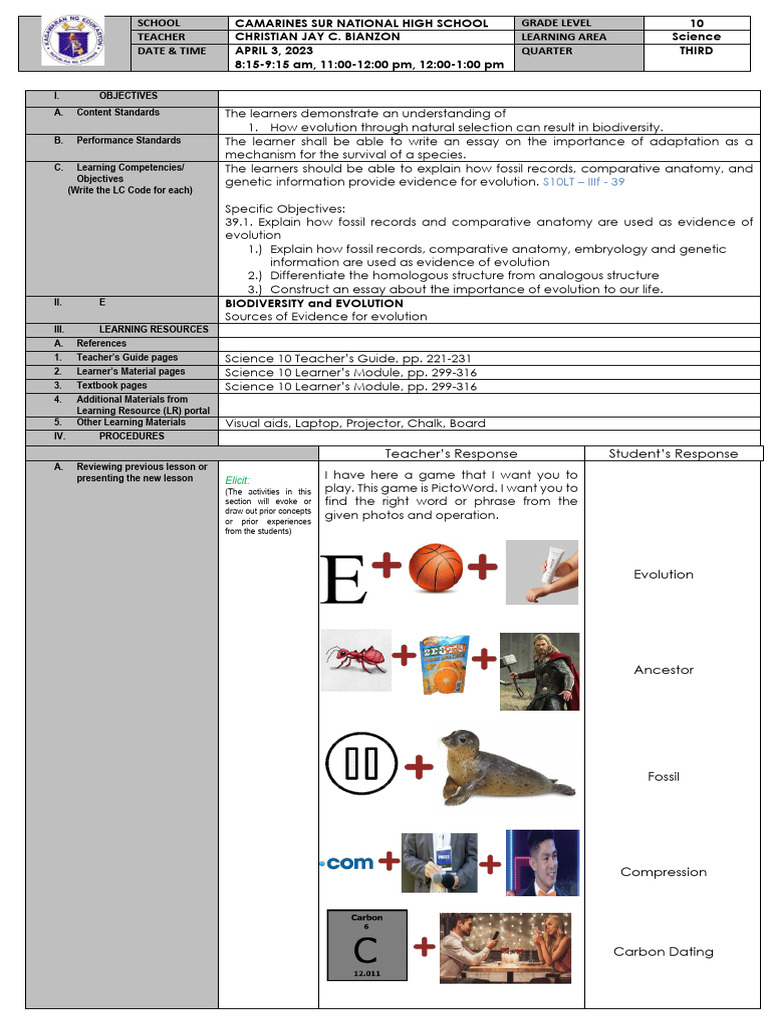 Christian Jay Bianzon - Detailed Lesson Plan | PDF | Evolution | Homology (Biology)