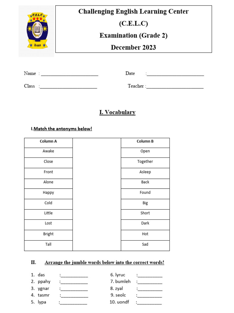 Grade 2 Exam | PDF | English Language | Linguistic Morphology