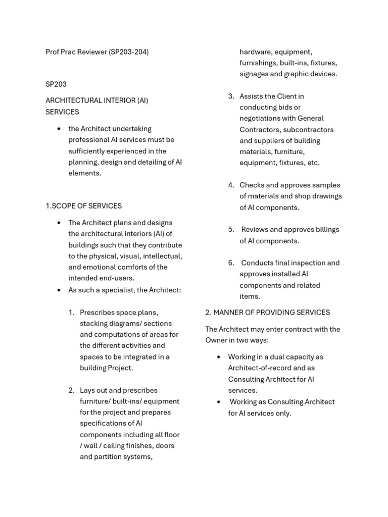 QUIZ Reviewer Prof Prac 2 SPP203 204 | PDF | Architect | Lighting
