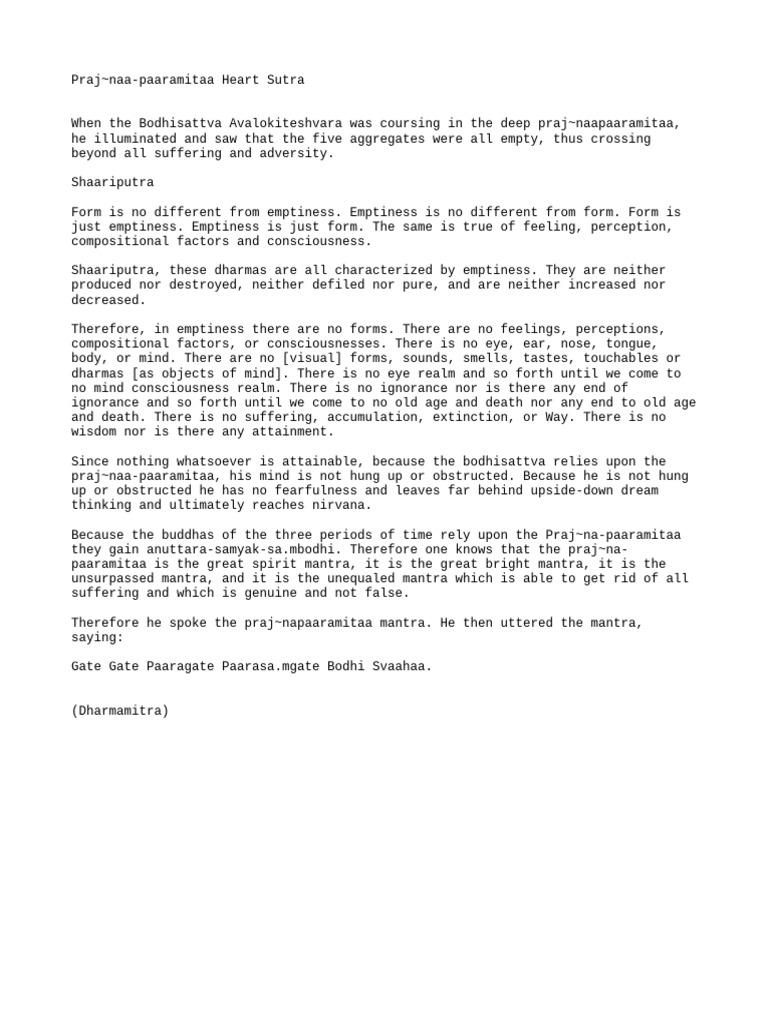 Praj Naa-Paaramitaa Heart Sutra (Dharmamitra) | PDF