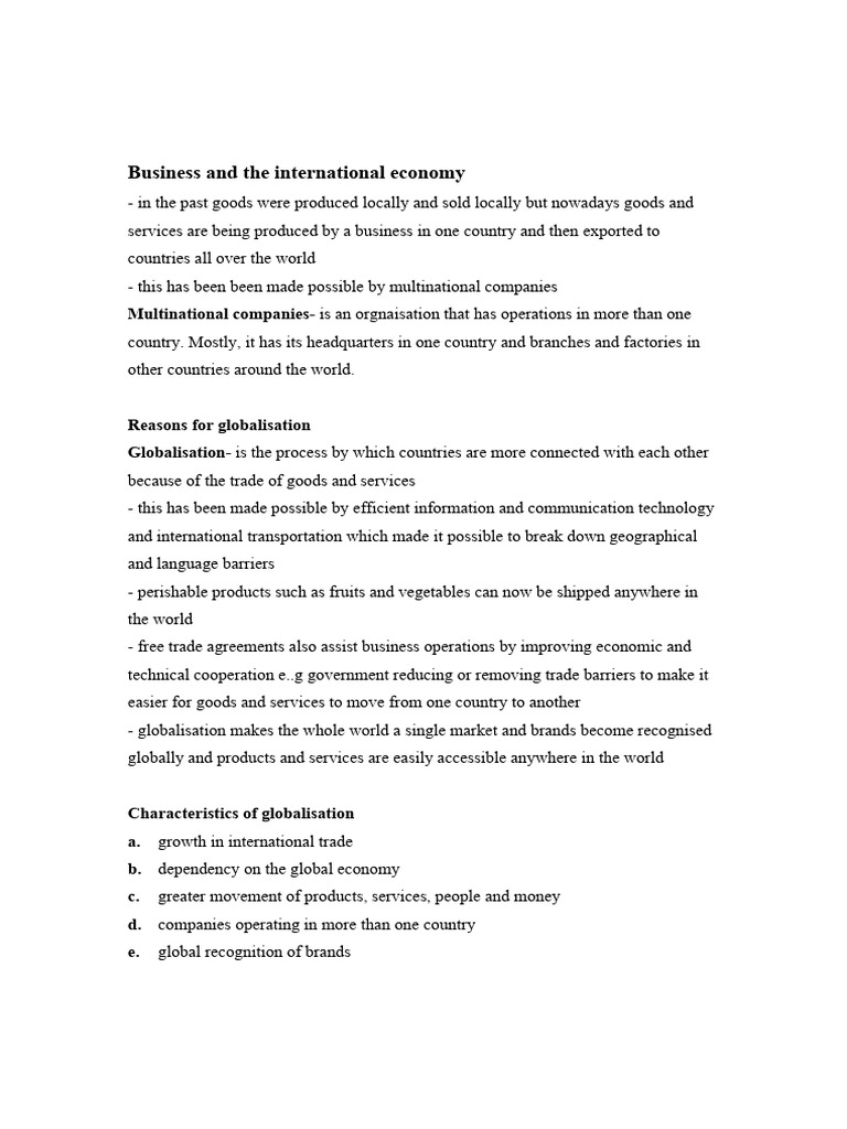 Business and The International Economy Notes Chapter 26 | PDF ...
