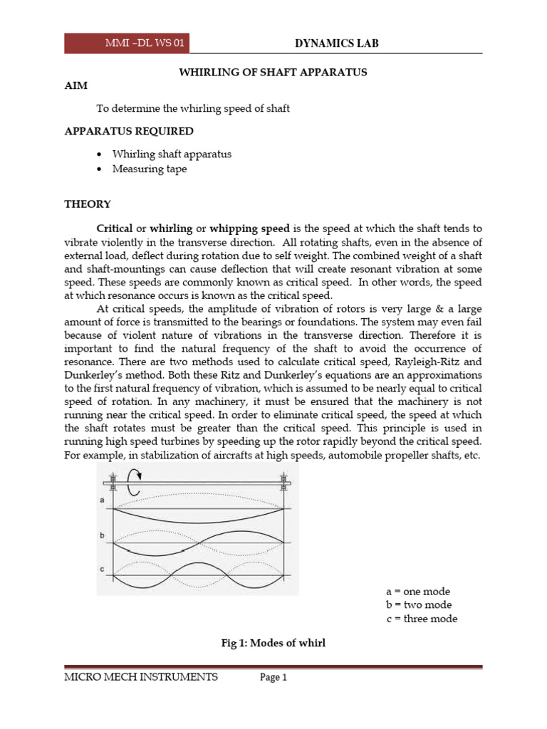 Whirling Speed of Shaft Manual | PDF | Resonance | Mechanical Engineering