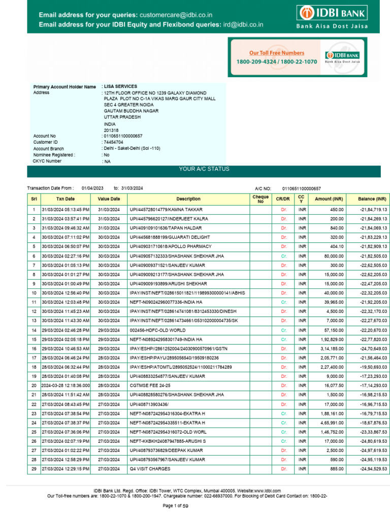 OD Bank Statement From April 2023 To March 2024 | PDF | Banking Technology | Banking