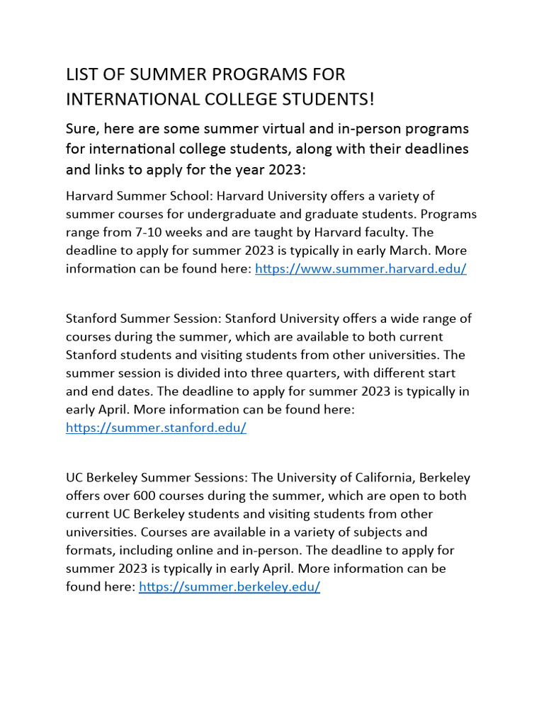 Summer Programs for International Students | PDF | College | University ...