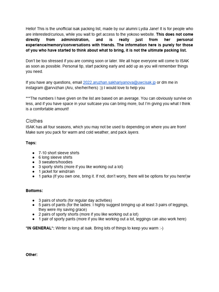 UWC ISAK Unofficial Packing List | PDF