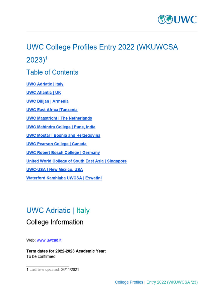 UWC College Profiles Entry 2022 (WKUWCSA 2023) : Italy | PDF ...