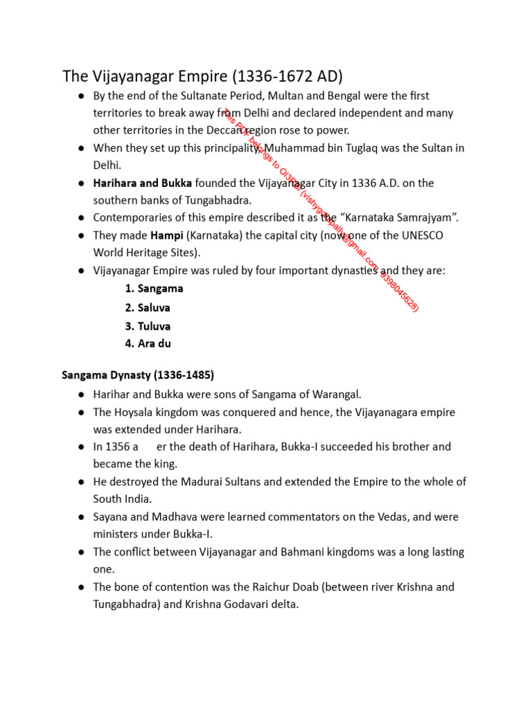The Vijayanagar Empire (1336-1672 AD) : 1. Sangama 2. Saluva 3. Tuluva ...