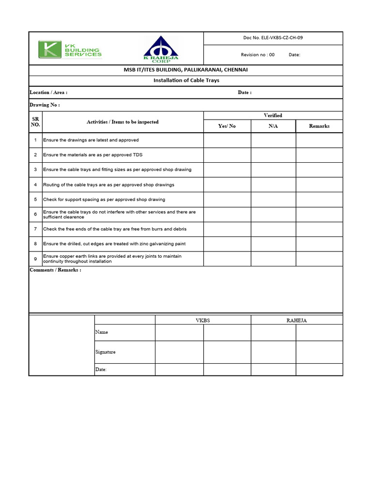 Checklist for Installation of Cable Tray | PDF
