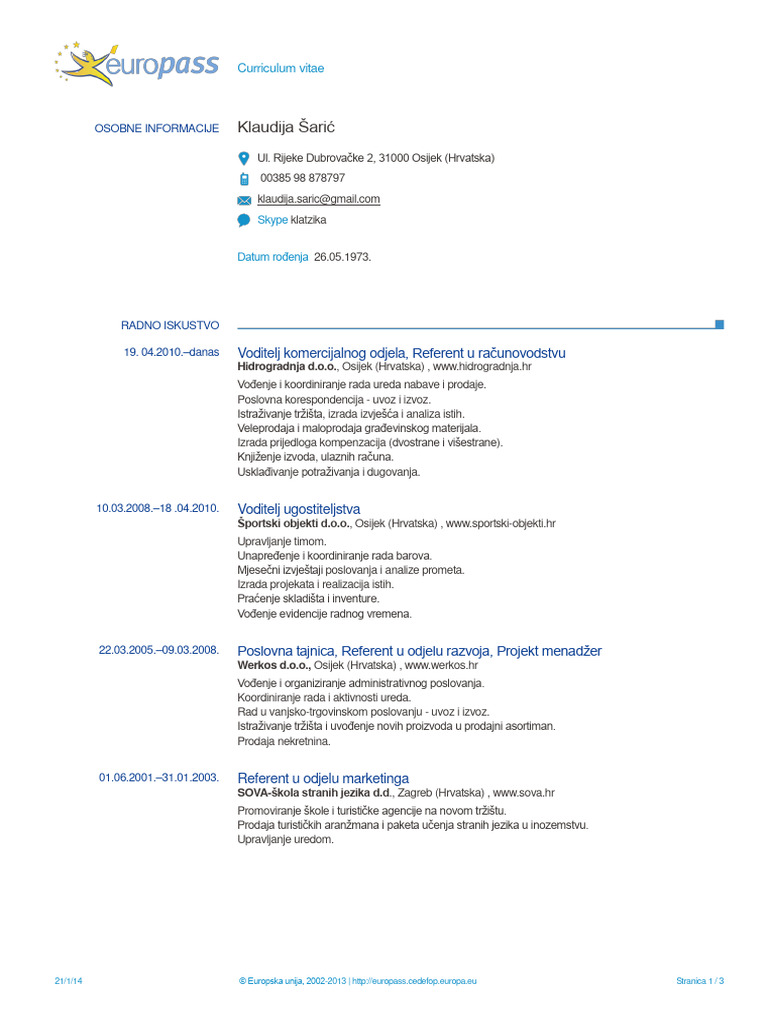 Europass CV 20140121 Šarić HR | PDF