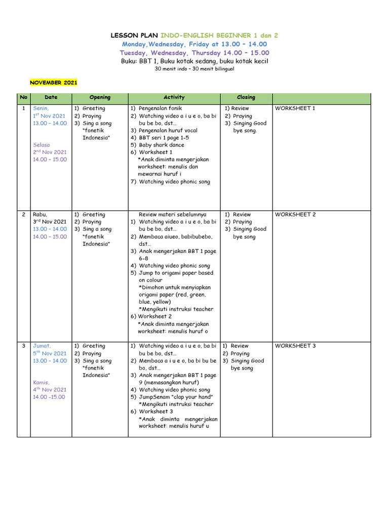 Lesson Plan Indo-Eng Beginner November Fiks | PDF