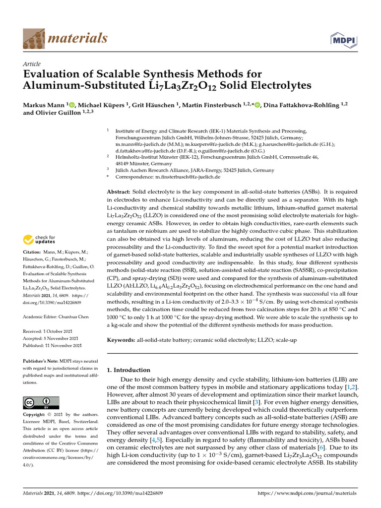 Evaluation of Scalable Synthesis Methods For Aluminum-Substituted LLZO ...