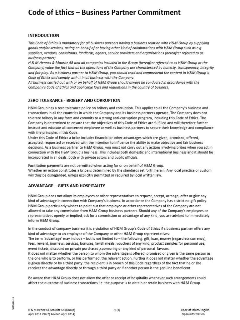 Code of Ethics Business Partners | PDF | Bribery | Confidentiality