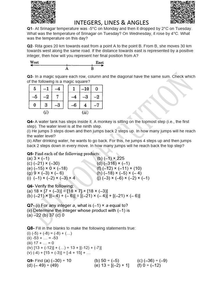 7th Class Math Cbse (Ncert) Chapter Integer Important Questions | PDF | Mathematics | Elementary ...