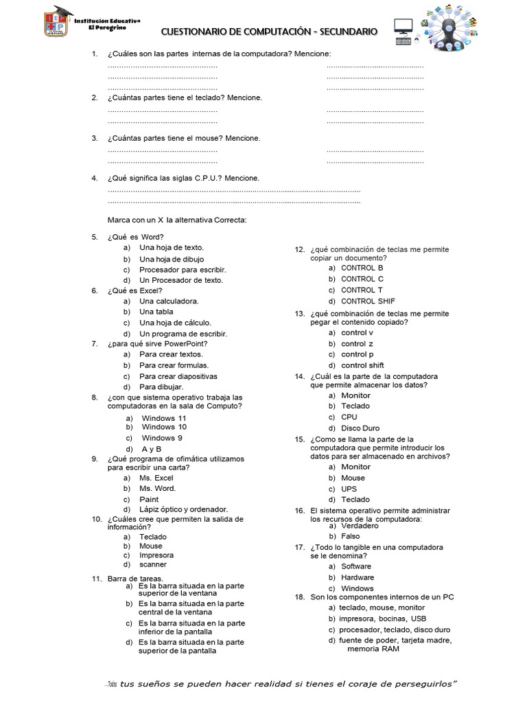 Cuestionario Computación | PDF | Hardware de la computadora | Informática