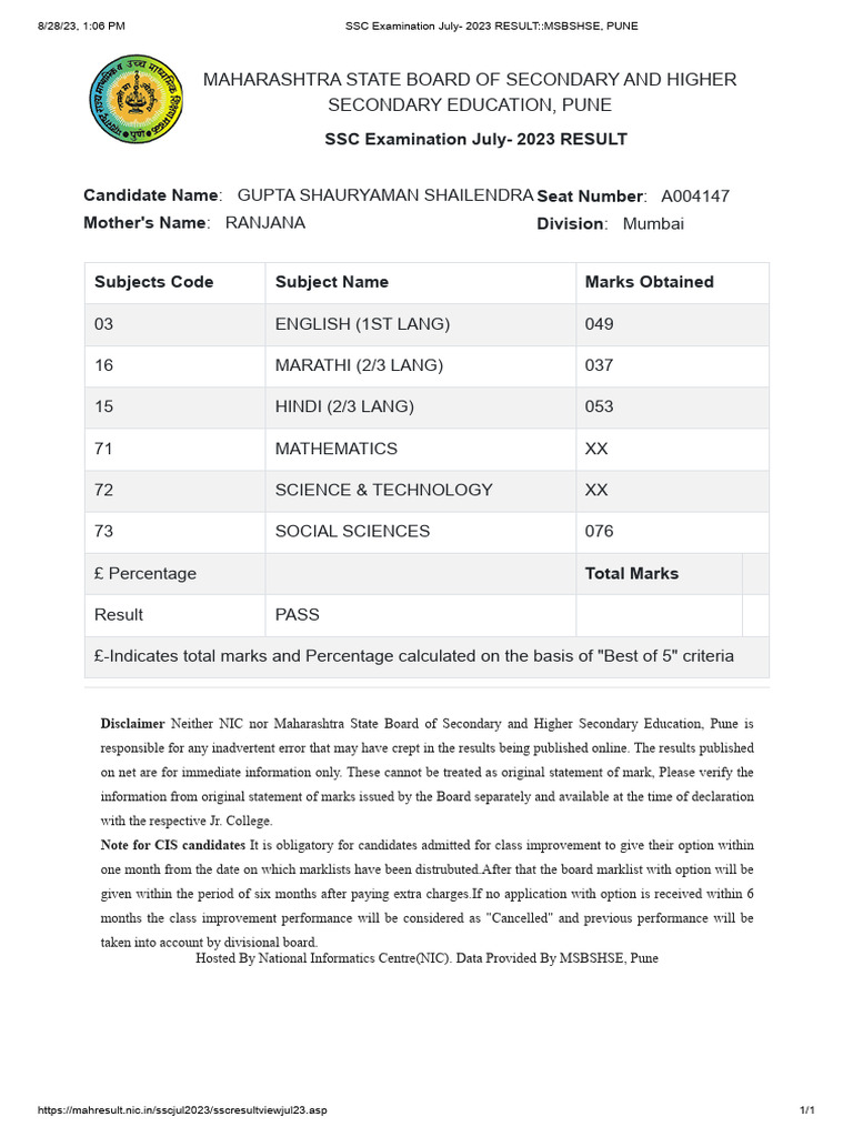 SSC Examination July - 2023 RESULT - MSBSHSE, PUNE | PDF | Educational ...
