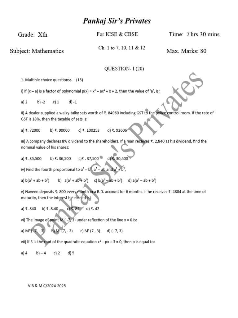 Pankaj Sir's Privates: Grade: XTH Subject: Mathematics Time: Hrs 30 ...