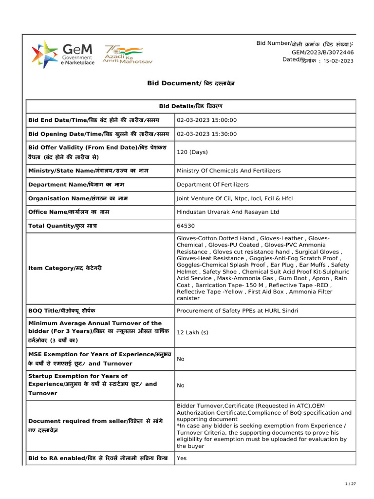 Bid for Safety PPEs at HURL Sindri | PDF | Accountant