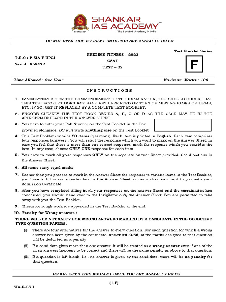 SIA Prelims 2023 Prefit Test 22 (Upscmaterial - Online) | PDF | Genetic ...