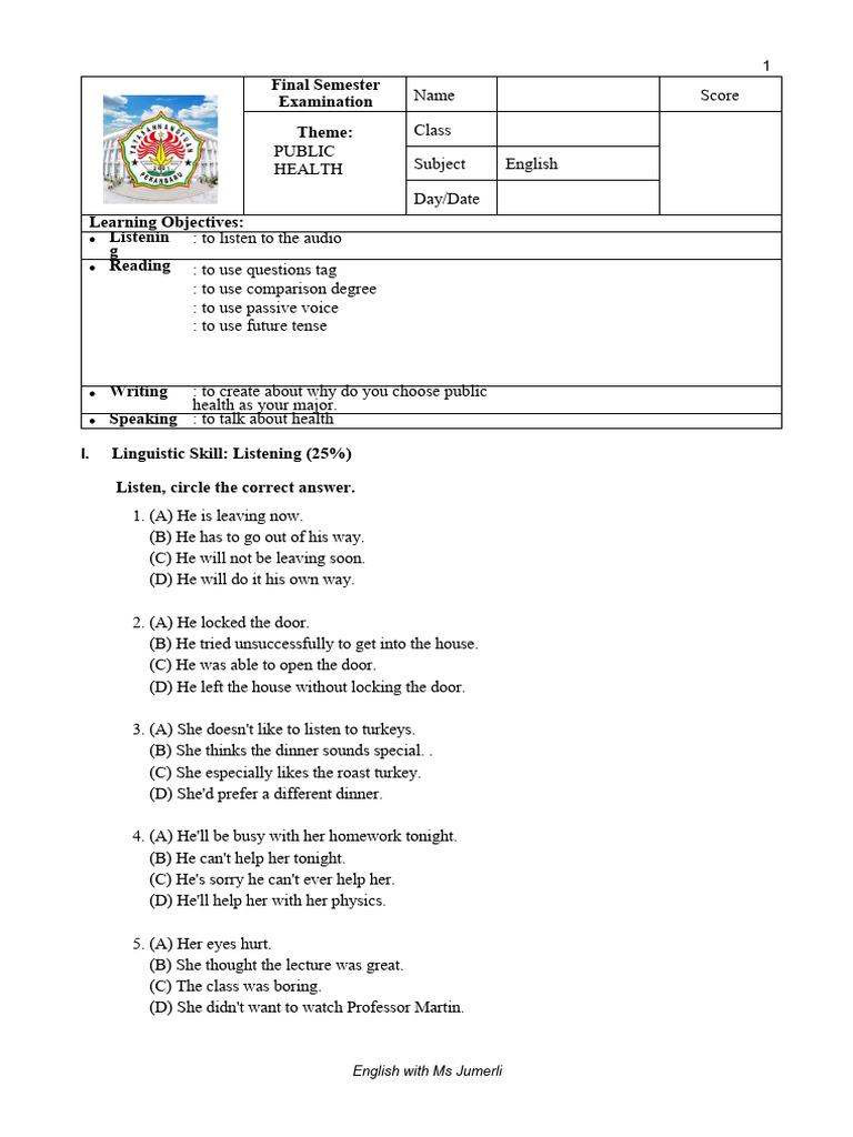 Final Test Bahasa Inggris 2022 Pdf Immune System English Language