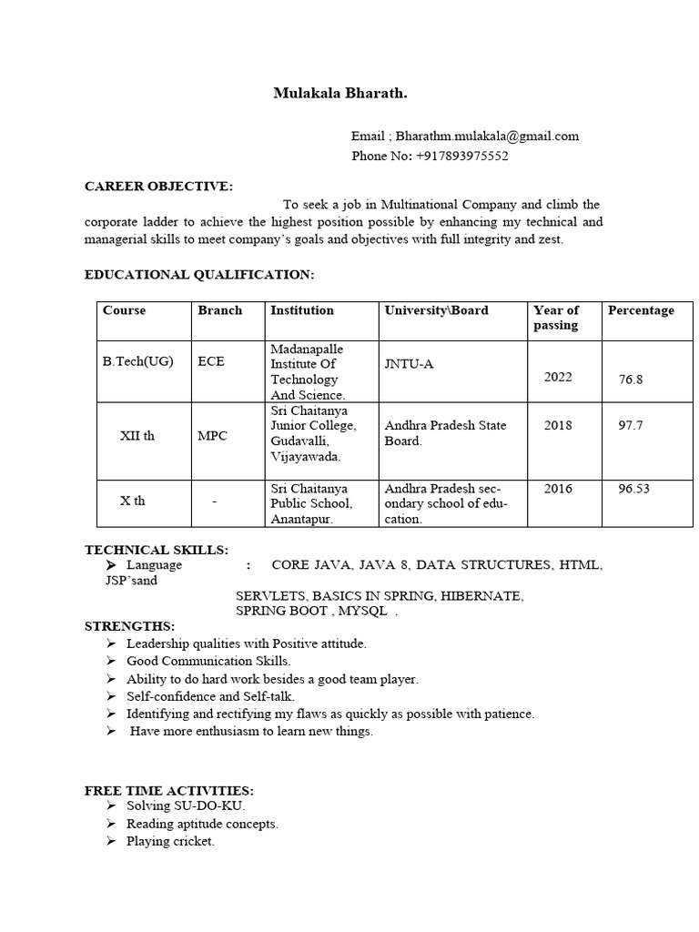Bharathmulakala Resume New | PDF | Java (Programming Language) | Computing