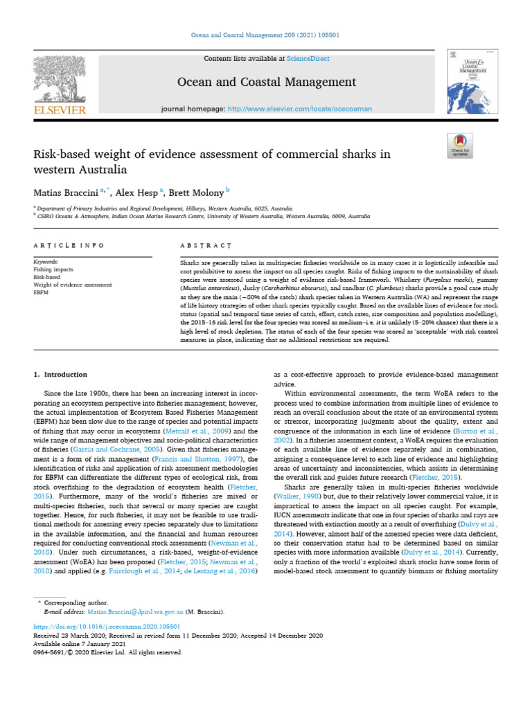 Risk-based weight of evidence assessment of commercial sharks in ...