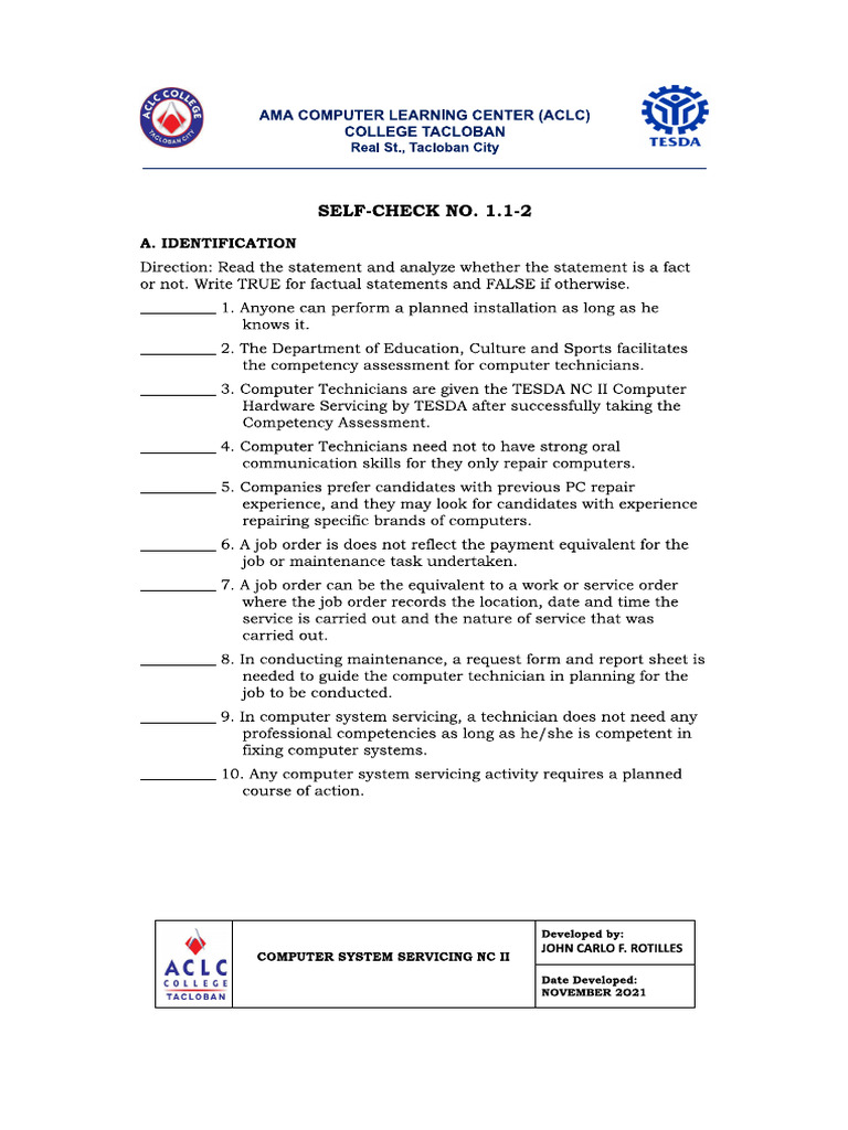 Self Check 1.1-2 Basic Requirements For Planned Installation | PDF