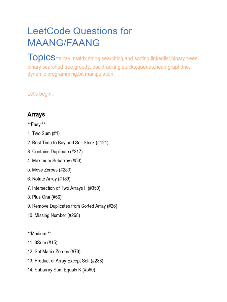 Leetcode Questions For Maang Pdf Algorithms And Data Structures