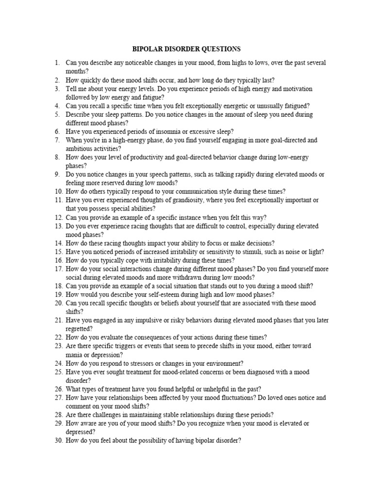 Bipolar Disorder Questions | PDF | Mental Health | Mood (Psychology)