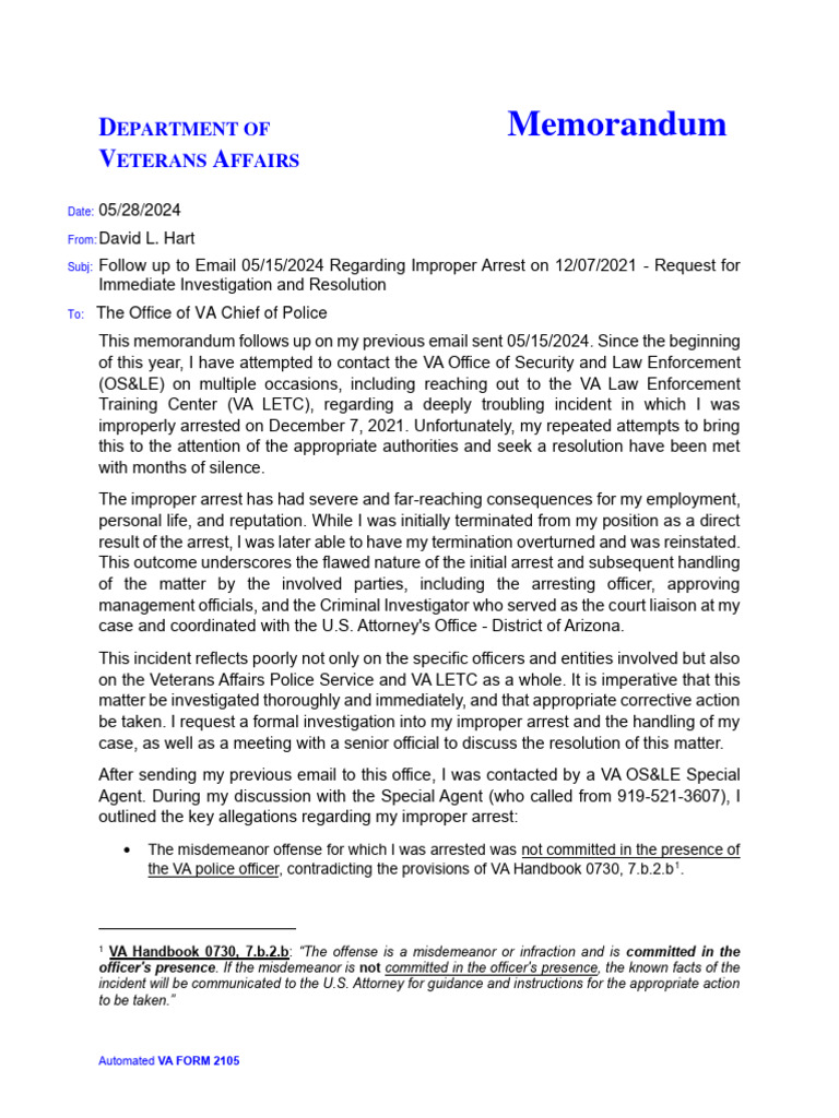 Letter To "Office of VA Cheif of Police" Detailing Unlawful Arrest ...