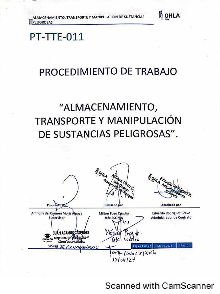 PT-TTE-011 Procedimiento para El Almacenamiento, Transporte y Manipulación de Sustancias ...