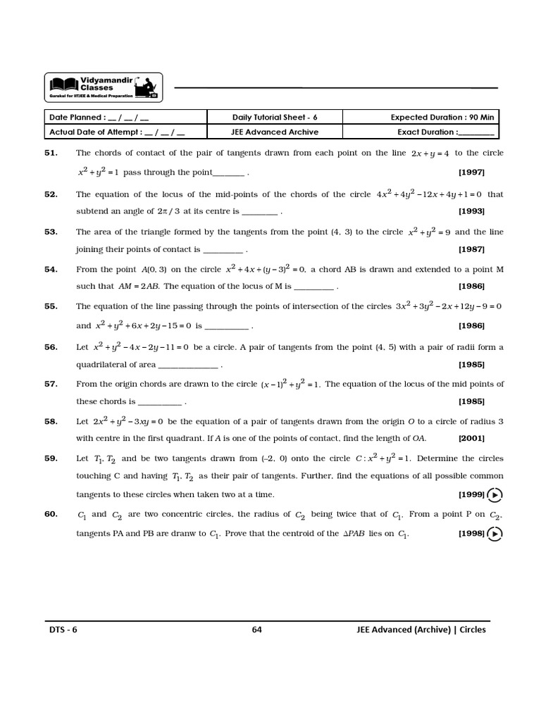 Circle JEE Advanced DTS - 6 | PDF | Circle | Triangle Geometry