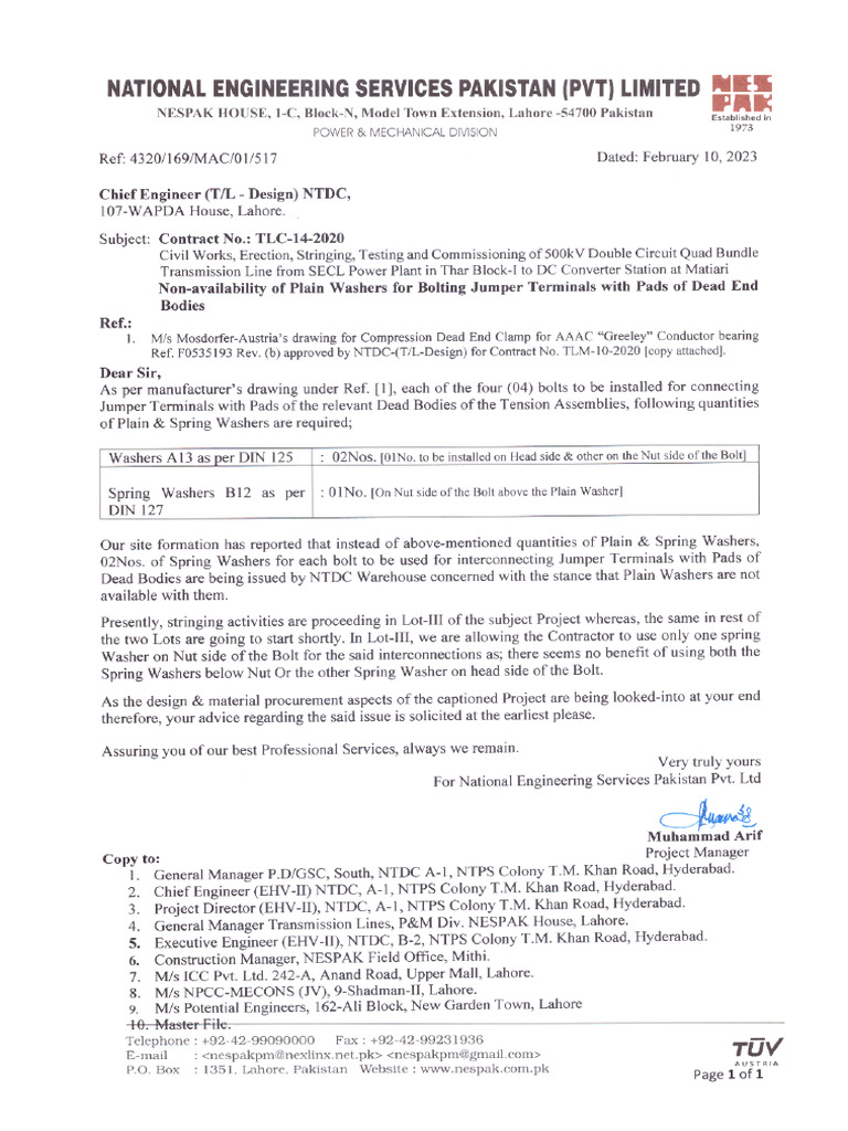 517-Non-Availabilty of Plain Washers For Bolting Jumper Terminal With ...
